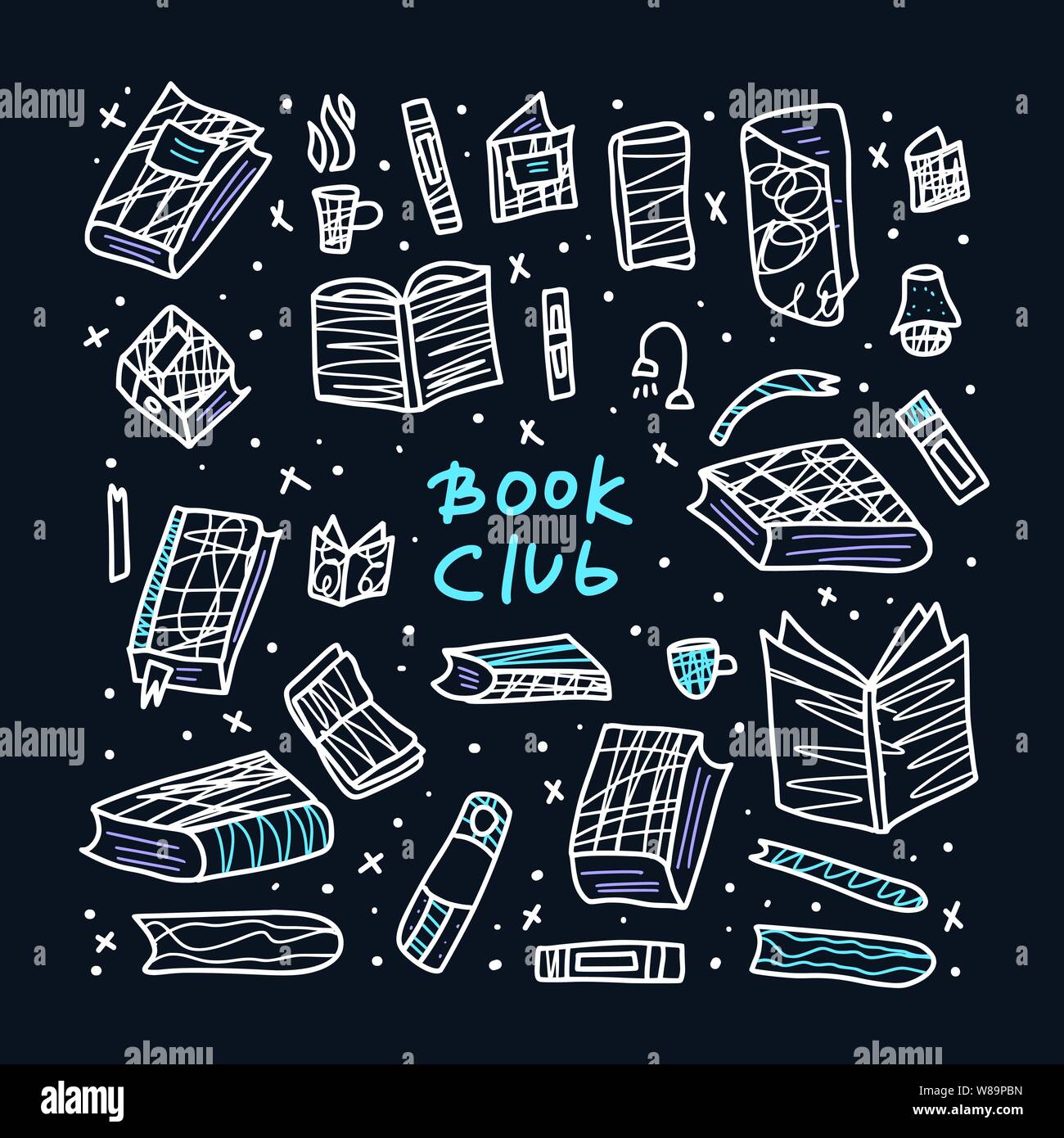 Book club concept. Poster template. Book set in doodle style. Symbols ...