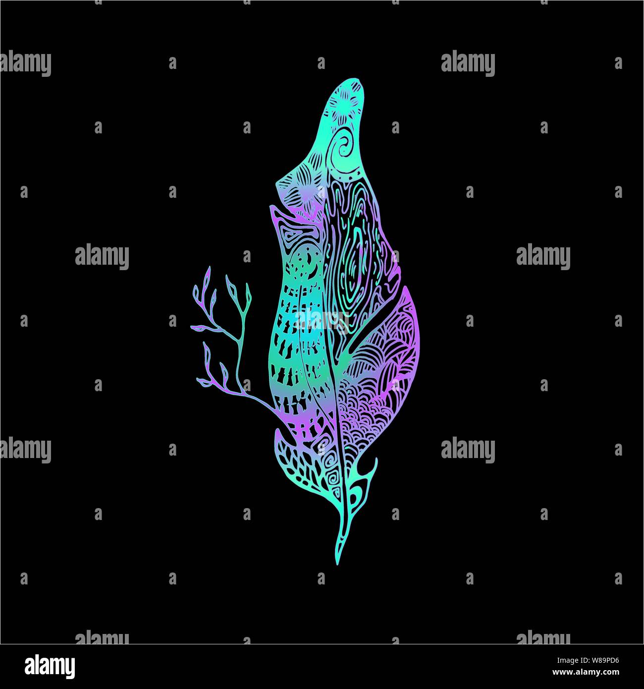 Neon illustration of psychedelic feathers with abstract patterns of ...