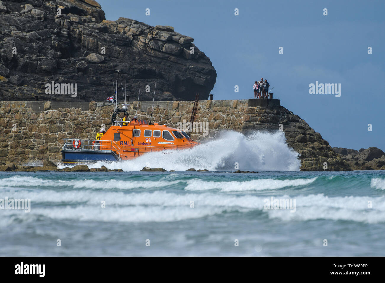 RNLI Lifeboat Sennen Cove Rescue Launching Cornwall UK Summer Stock ...