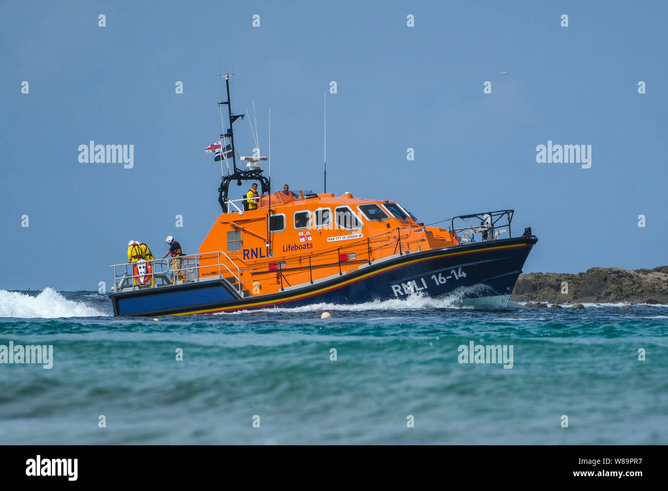 RNLI Lifeboat Sennen Cove Rescue Launching Cornwall UK Summer Stock Photo - Alamy