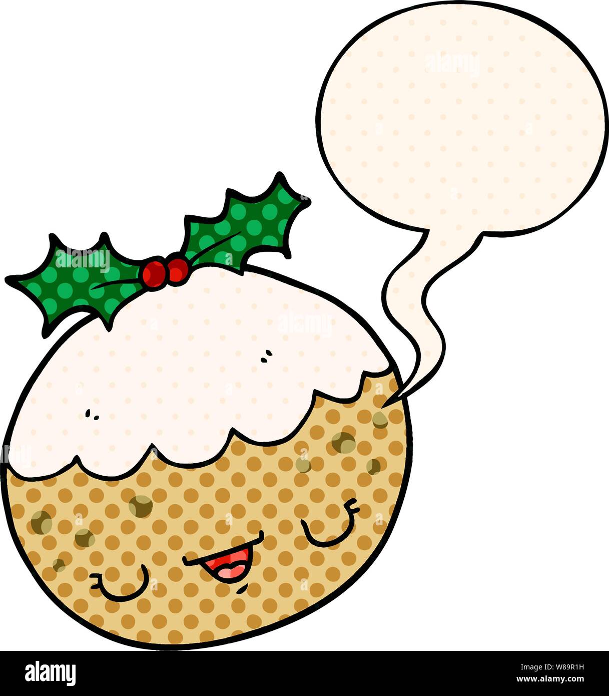cute cartoon christmas pudding with speech bubble in comic book style ...