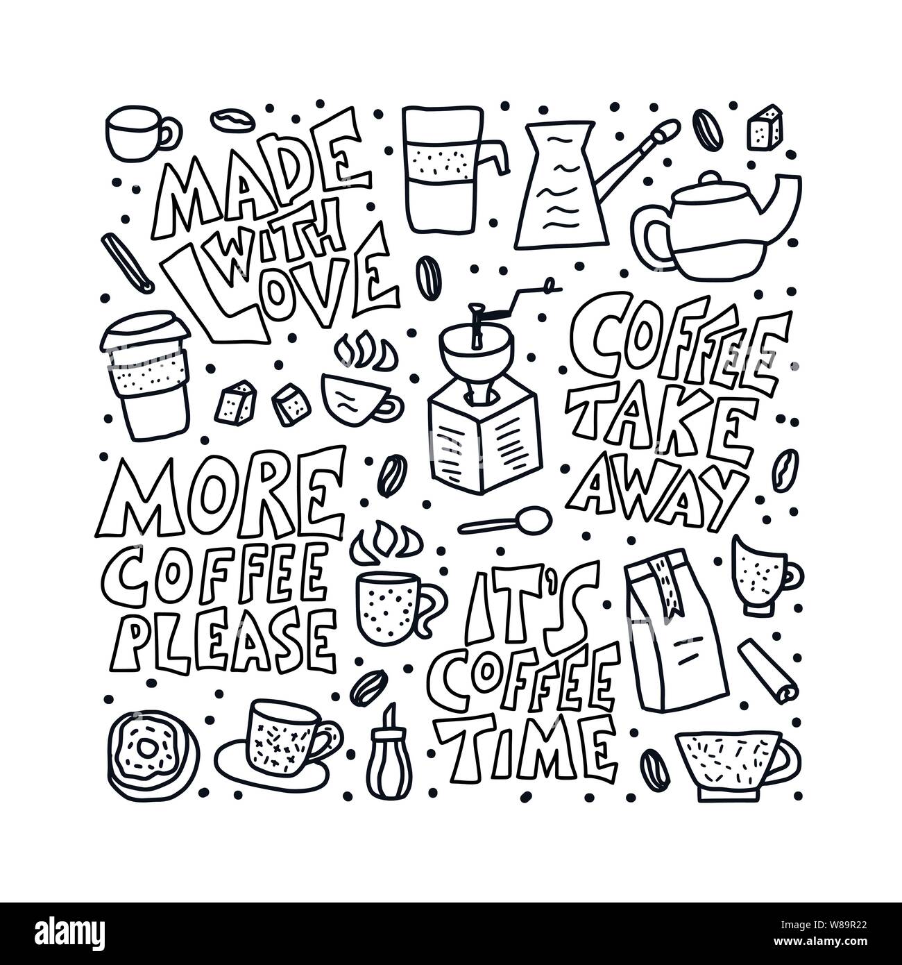 Poster template with hot beverages and lettering. Coffee mugs with ...