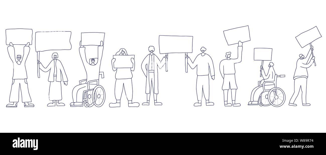 Protesting people standing together with sign boards. Young persons ...