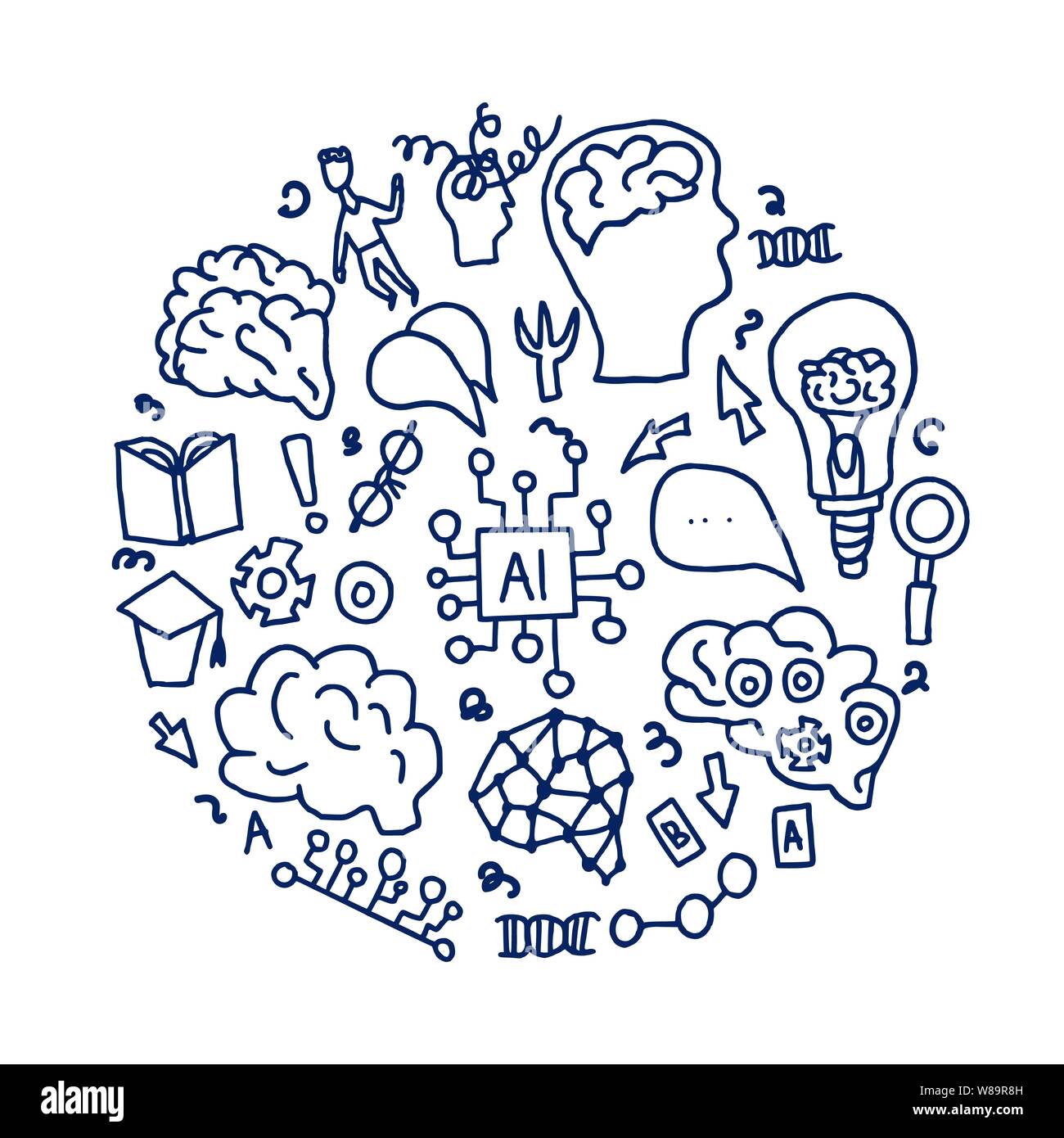 Cognitive science round composition. Set of vector elements in doodle ...