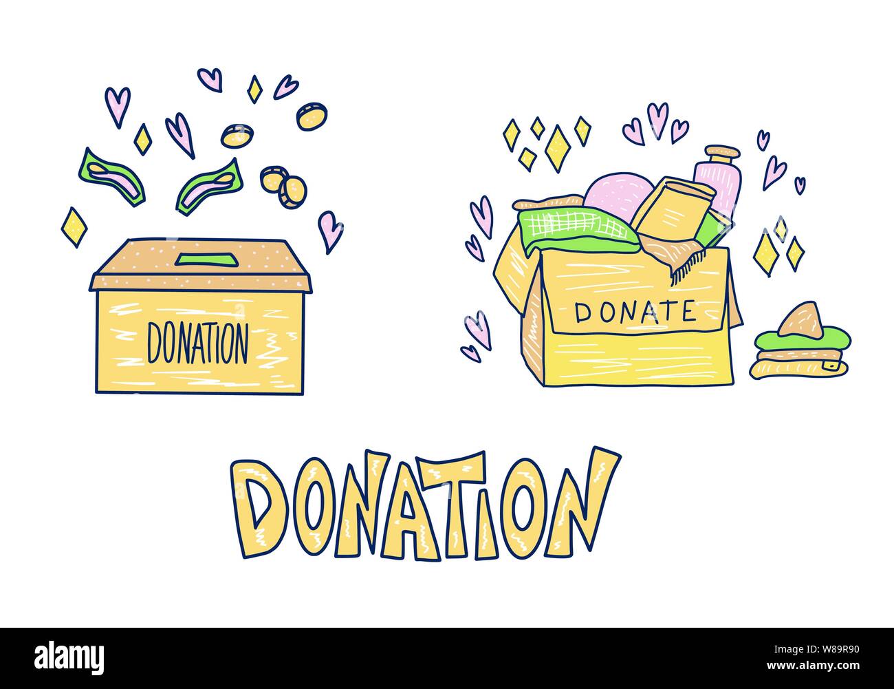 Donation boxes with text emblem. Vector color illustration in doodle ...
