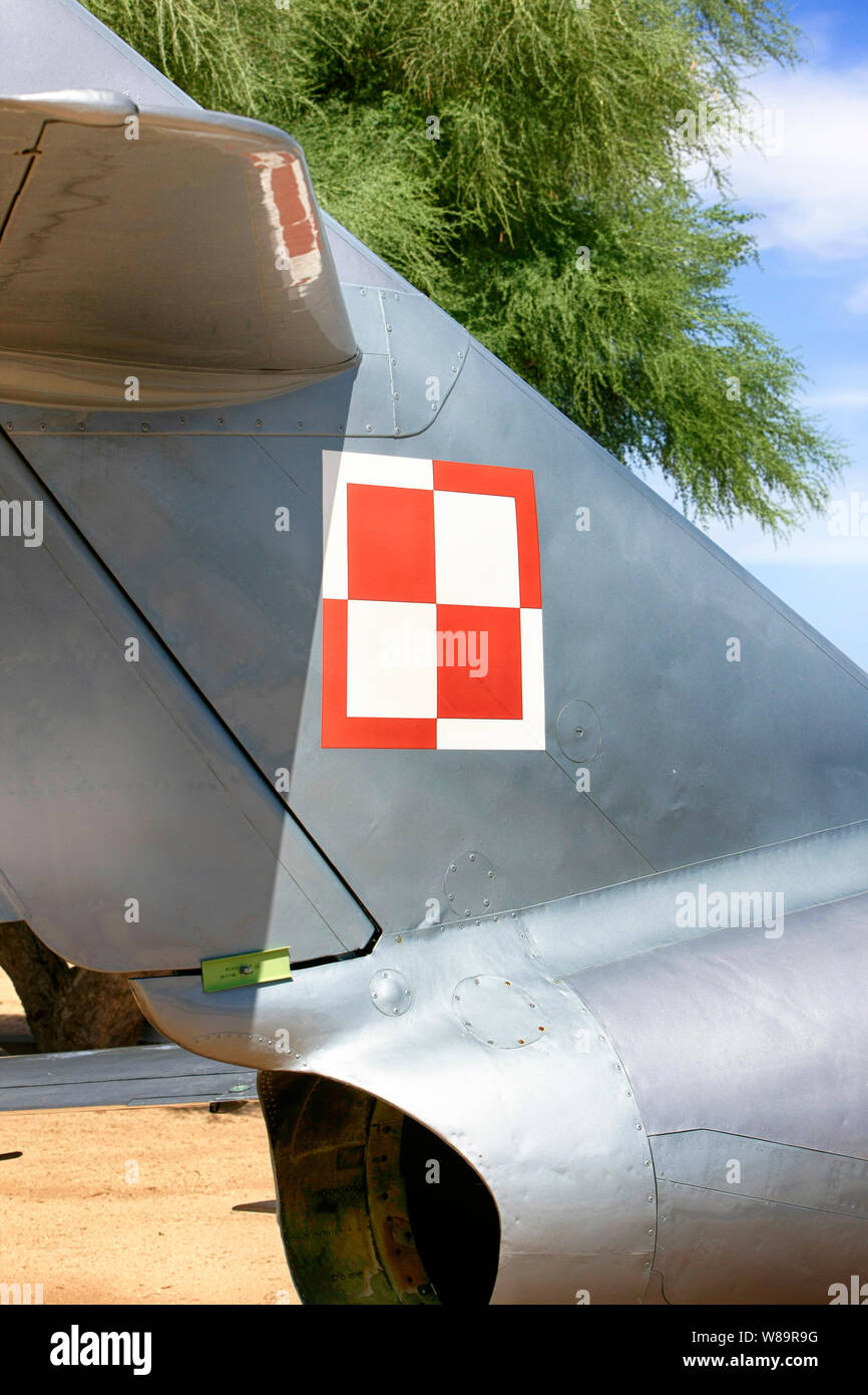 A Polish Air Force insignia on the tail section of a Mig jet fighter ...