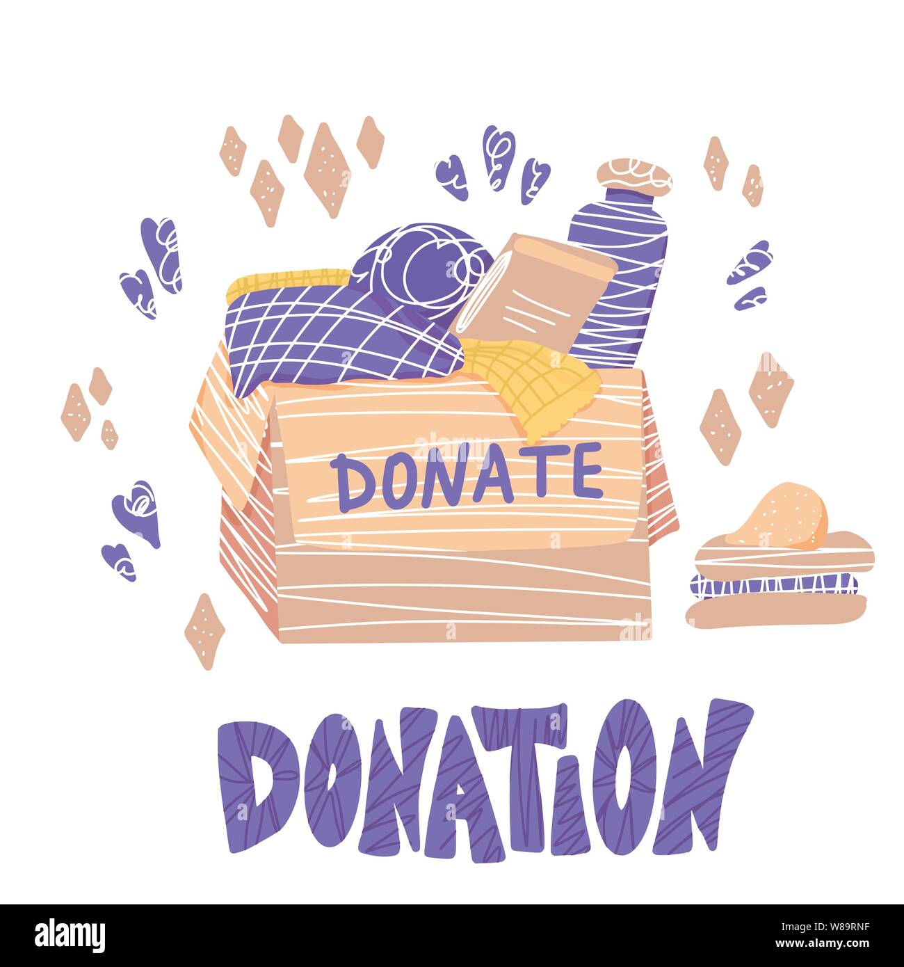 Donation concept. Box with different things and text isolated on white ...