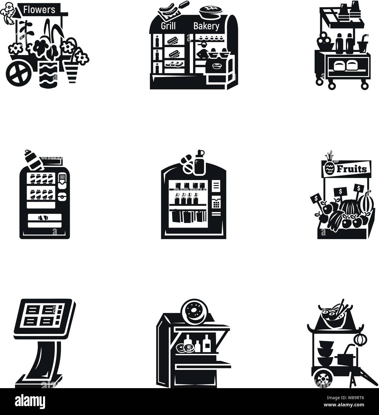Street market kiosk icon set. Simple set of 9 street market kiosk ...