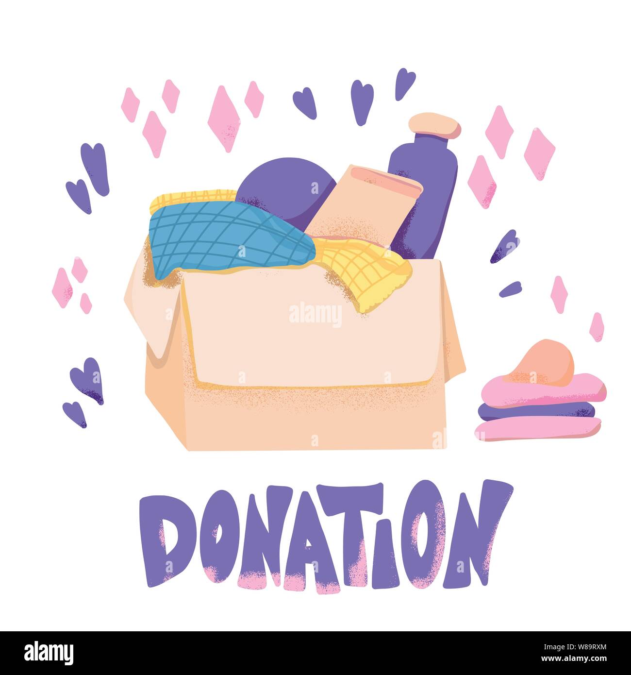 Donation composition. Box with clothes and text. Donate things with ...