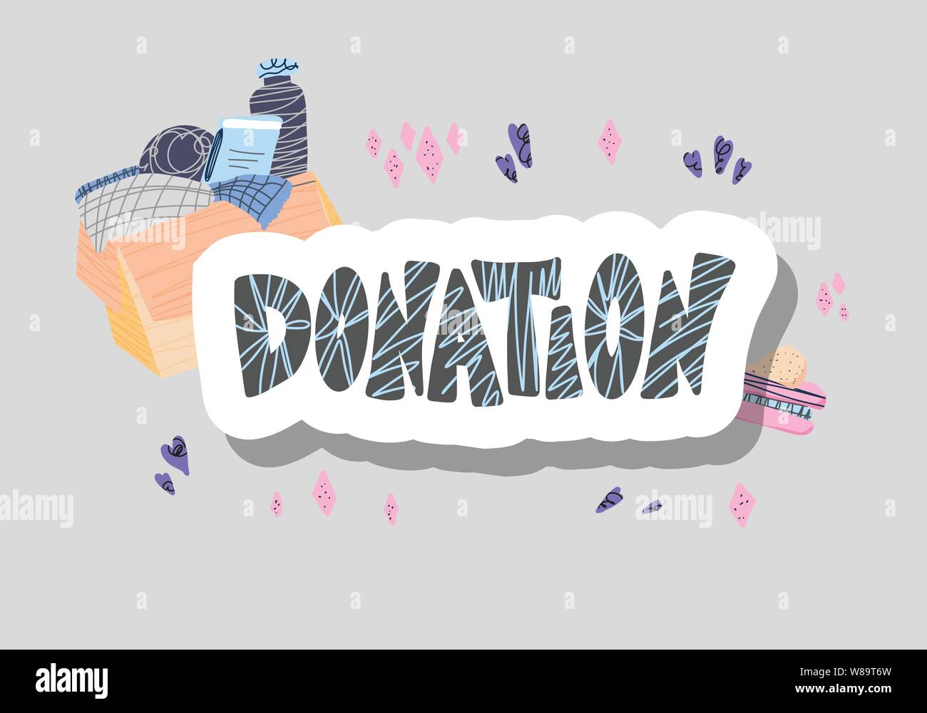 Donation concept. Box with stuff and text. Donate things with lettering ...