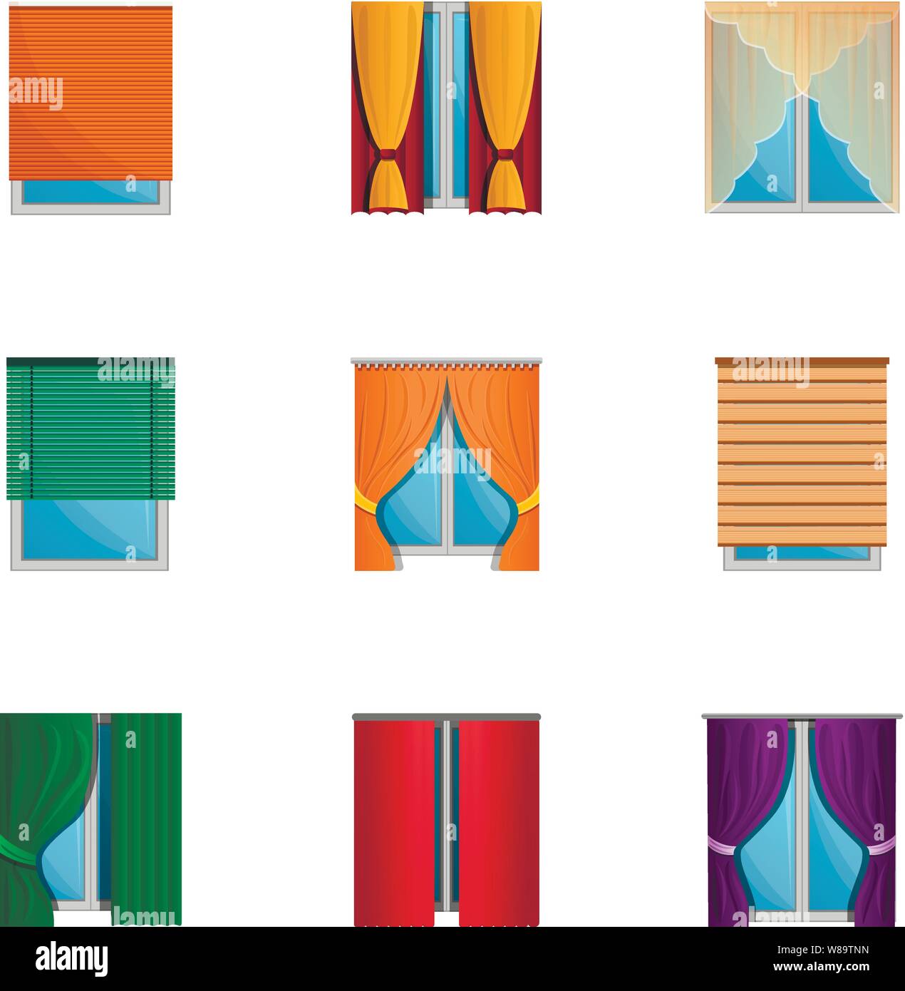 Windows curtains icon set. Cartoon set of 9 windows curtains vector ...