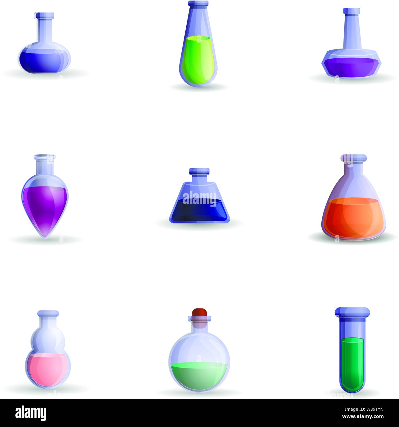 Magic potion icon set. Cartoon set of 9 magic potion vector icons for ...