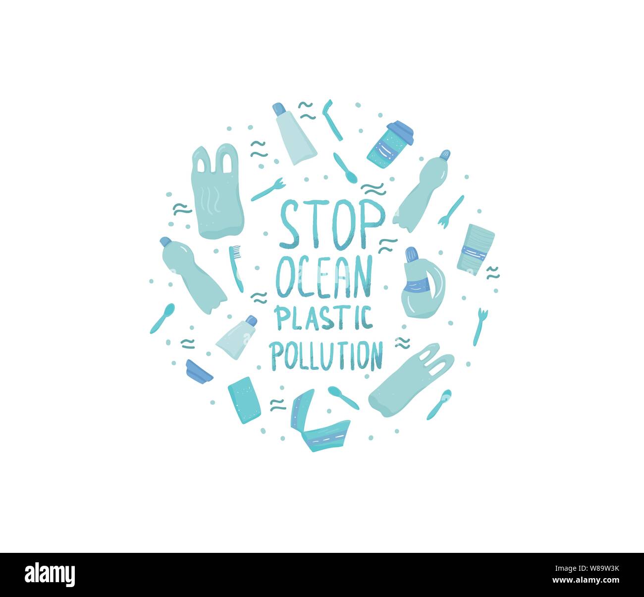 Stop ocean plastic pollution. Round composition. Ecological problem ...
