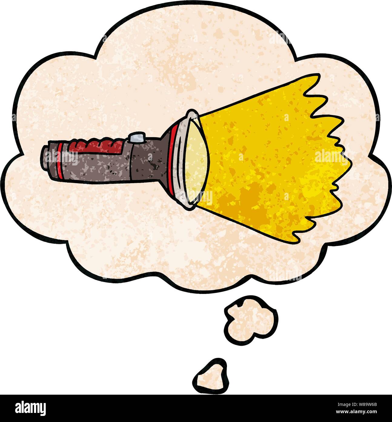 cartoon electric torch with thought bubble in grunge texture style ...