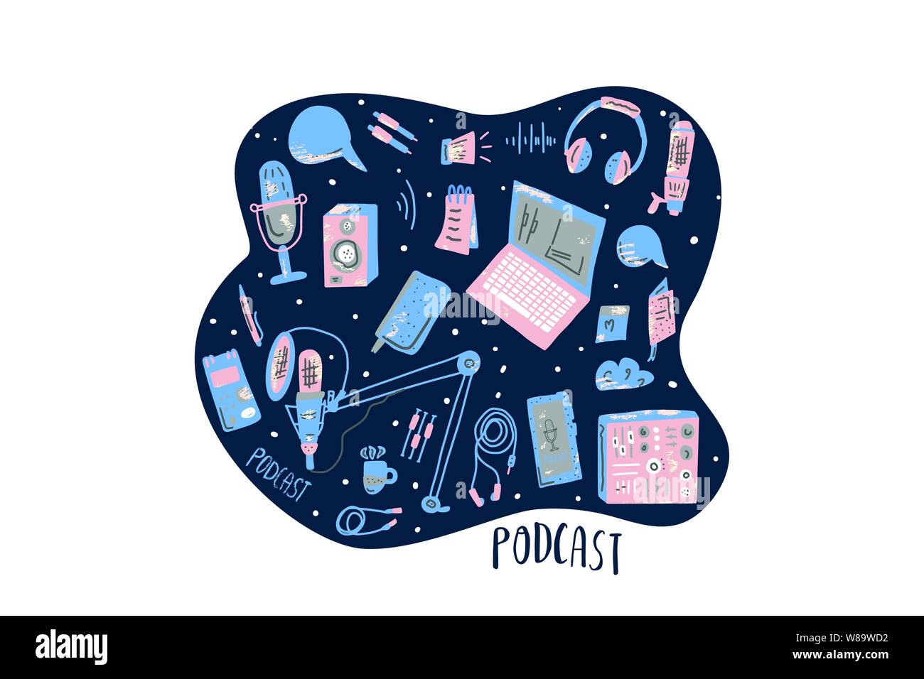 Podcast emblem with handwritten lettering and decoration. Text and ...