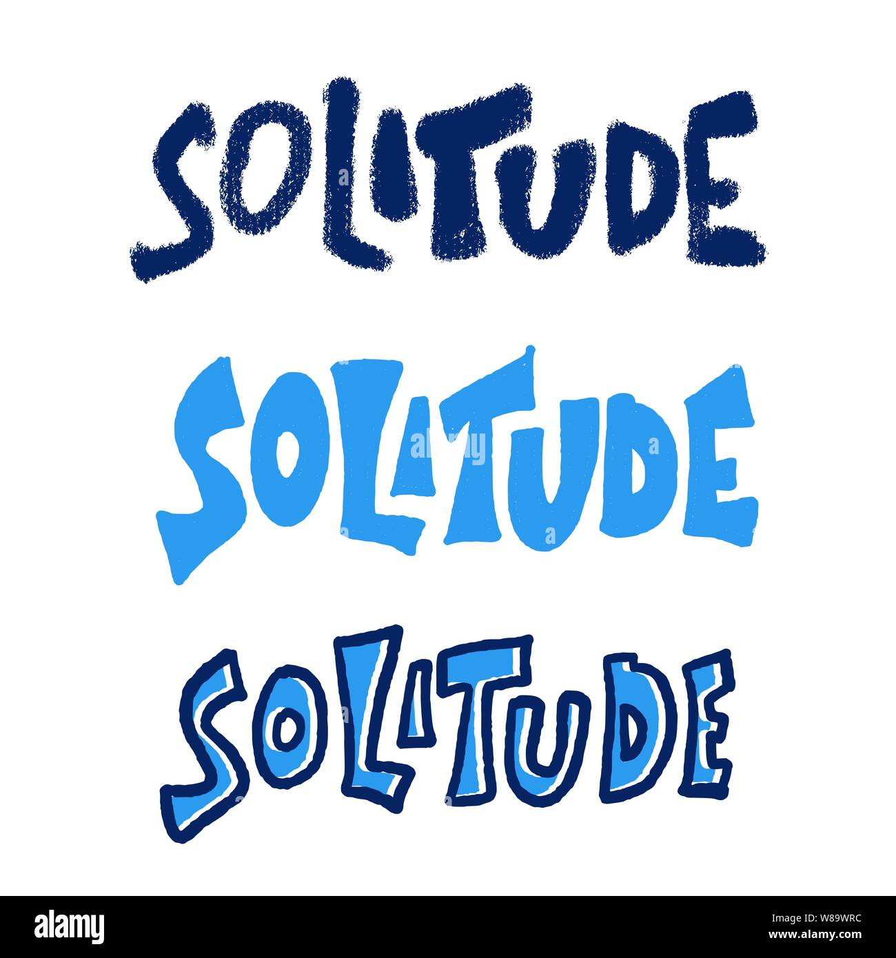 Solitude hand drawn lettering. Vector different stylized words isolated on white background ...