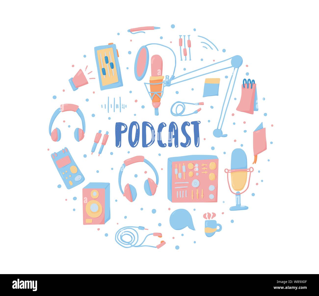 Podcast round emblem with handwritten lettering and decoration in flat ...