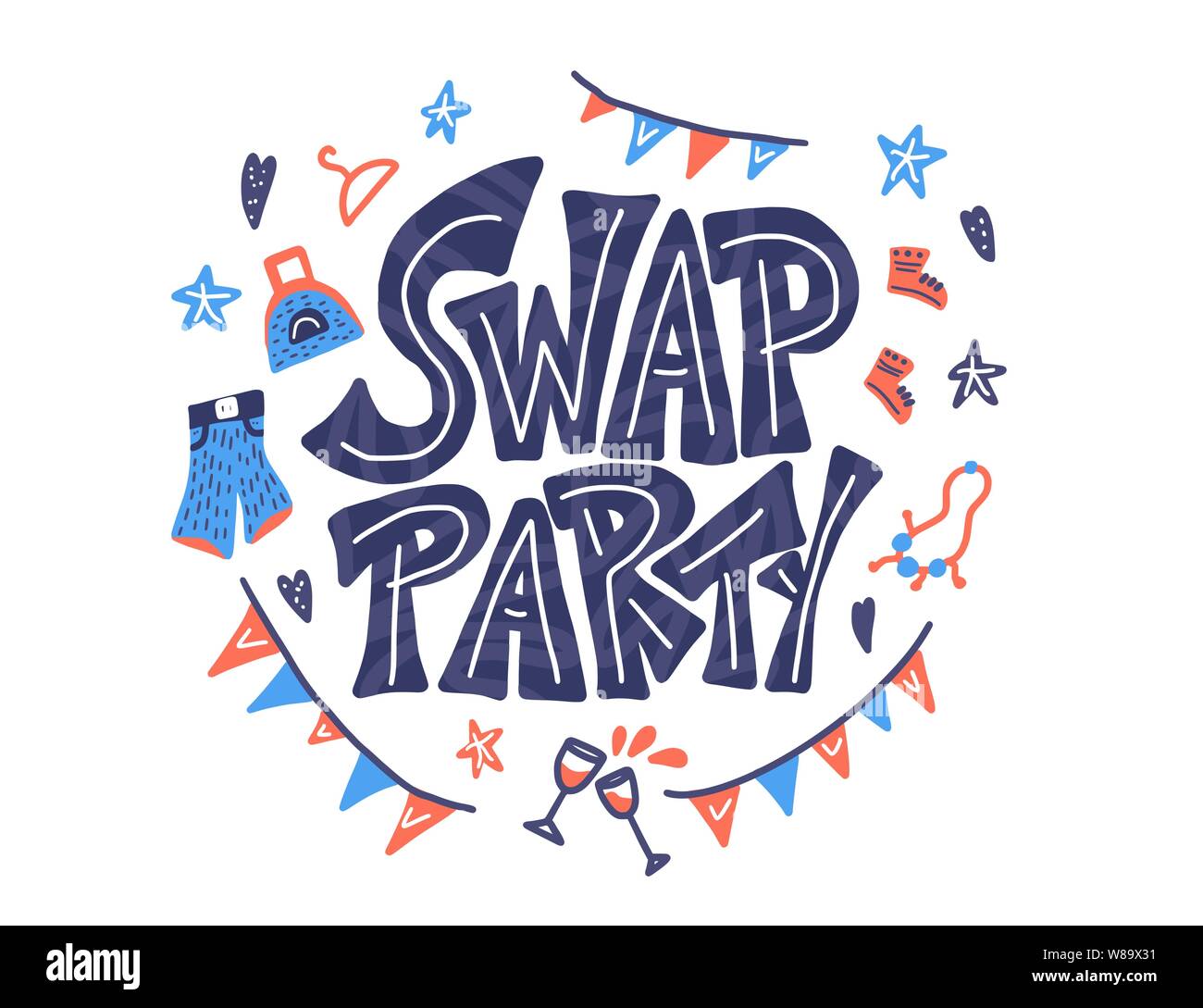 Swap Party lettering with doodle style decoration. Poster template for ...