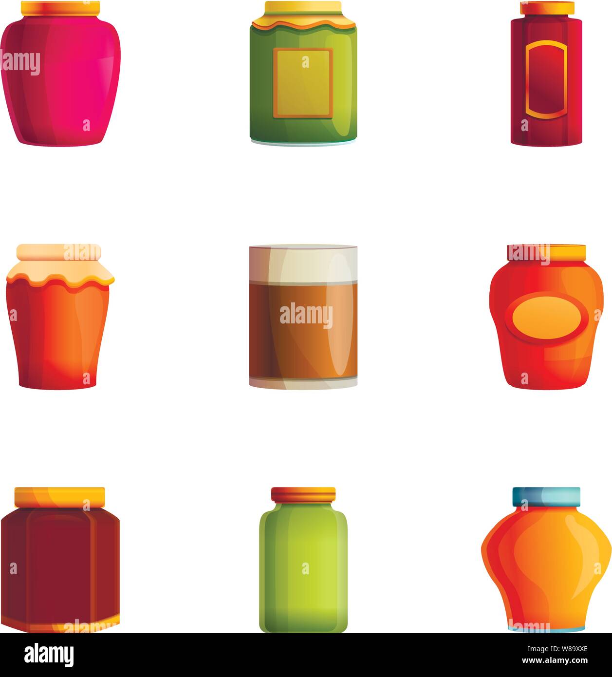 Fruit jam jar icon set. Cartoon set of 9 fruit jam jar vector icons for ...