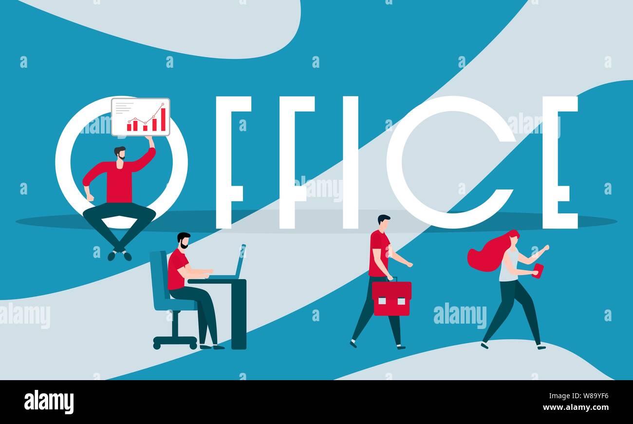 Vector illustration with office inscription and working people ...