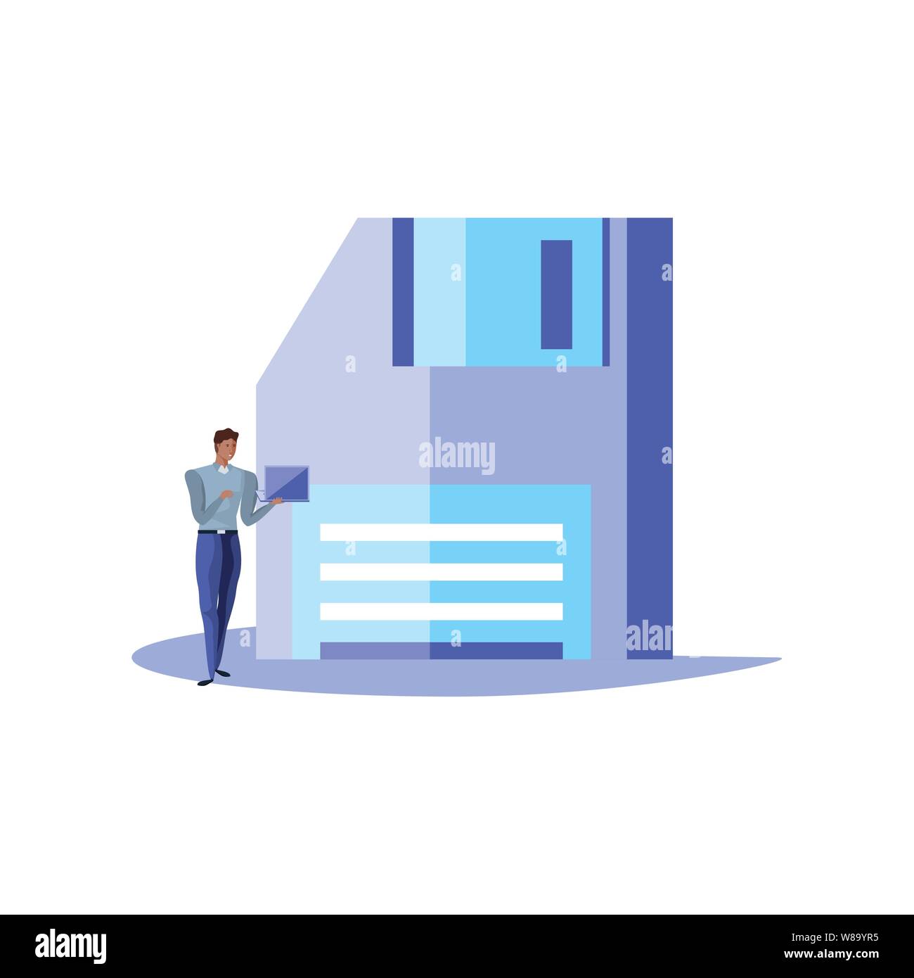 business man with laptop and floppy disk vector illustration design ...