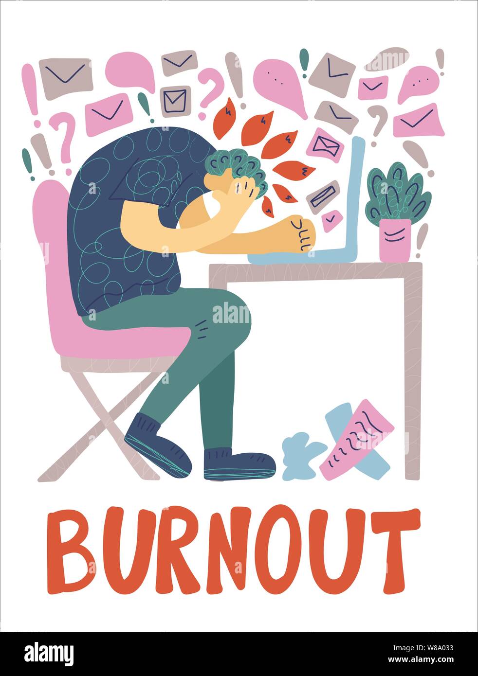 Burnout syndrome concept. Male character sitting at the office. Vector ...