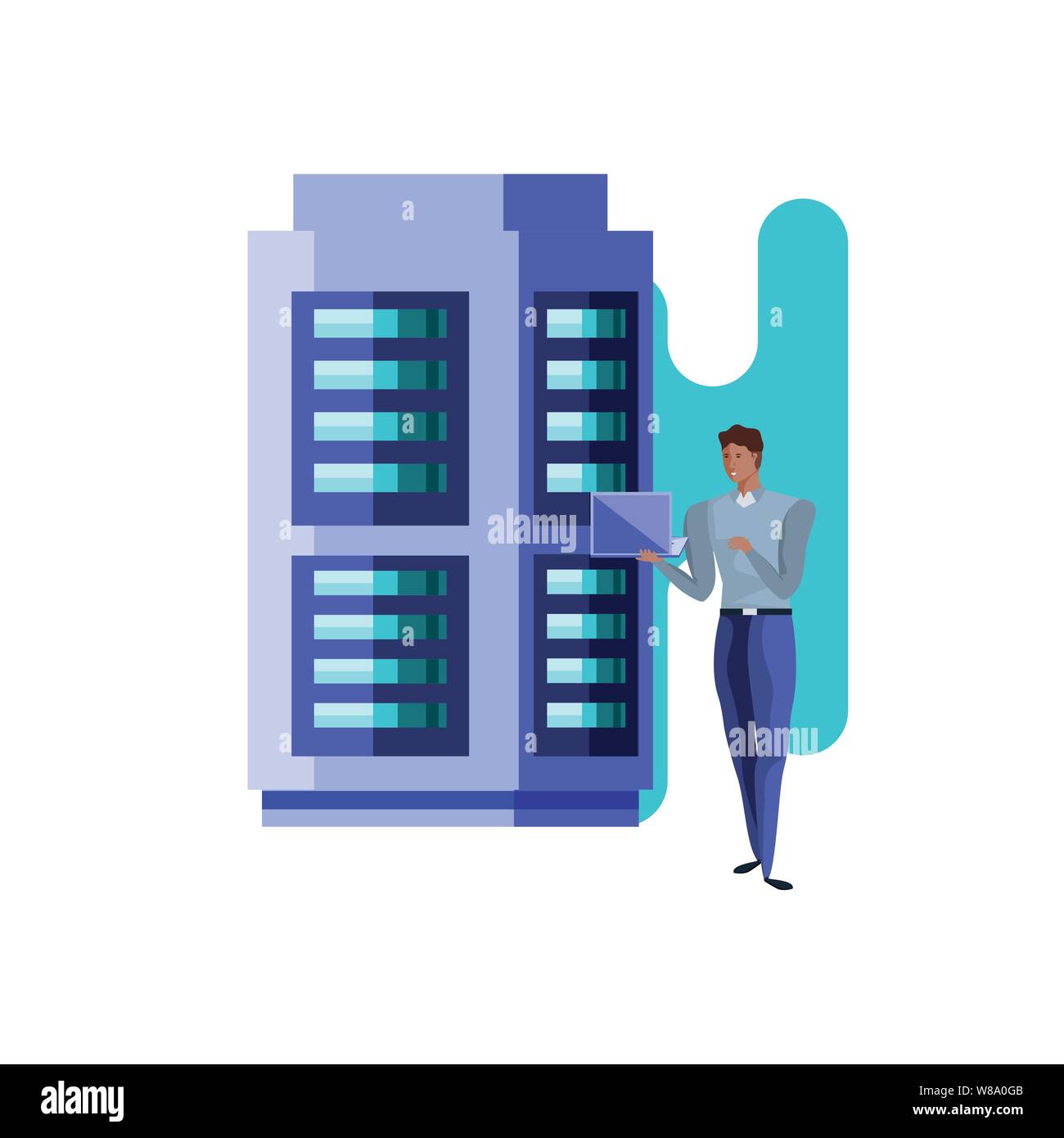 business man with laptop and data center server vector illustration ...