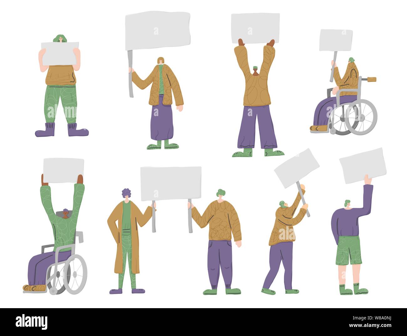 Protesting people standing together with sign boards. Young persons ...