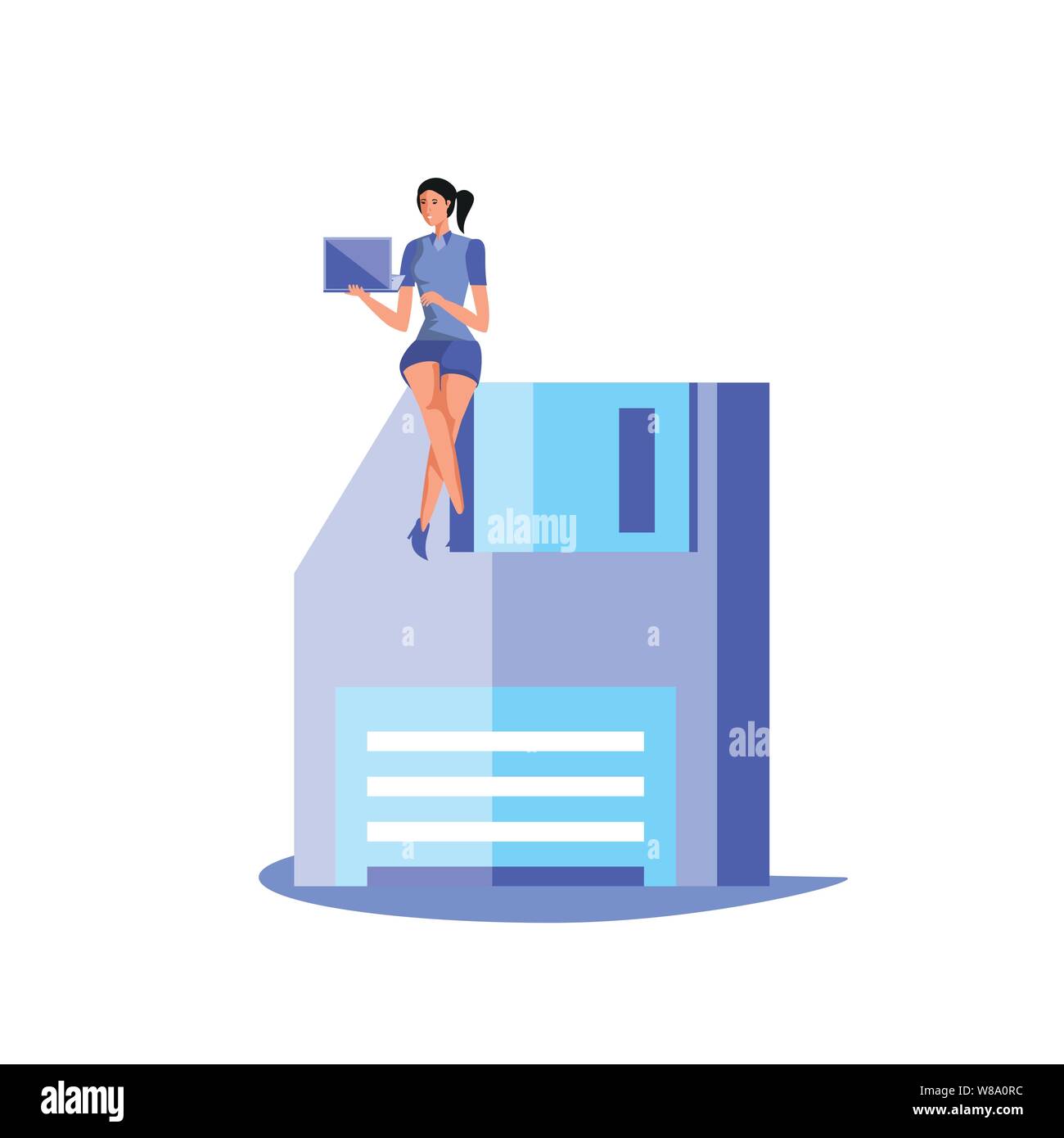 business woman sitting in floppy disk with laptop vector illustration ...