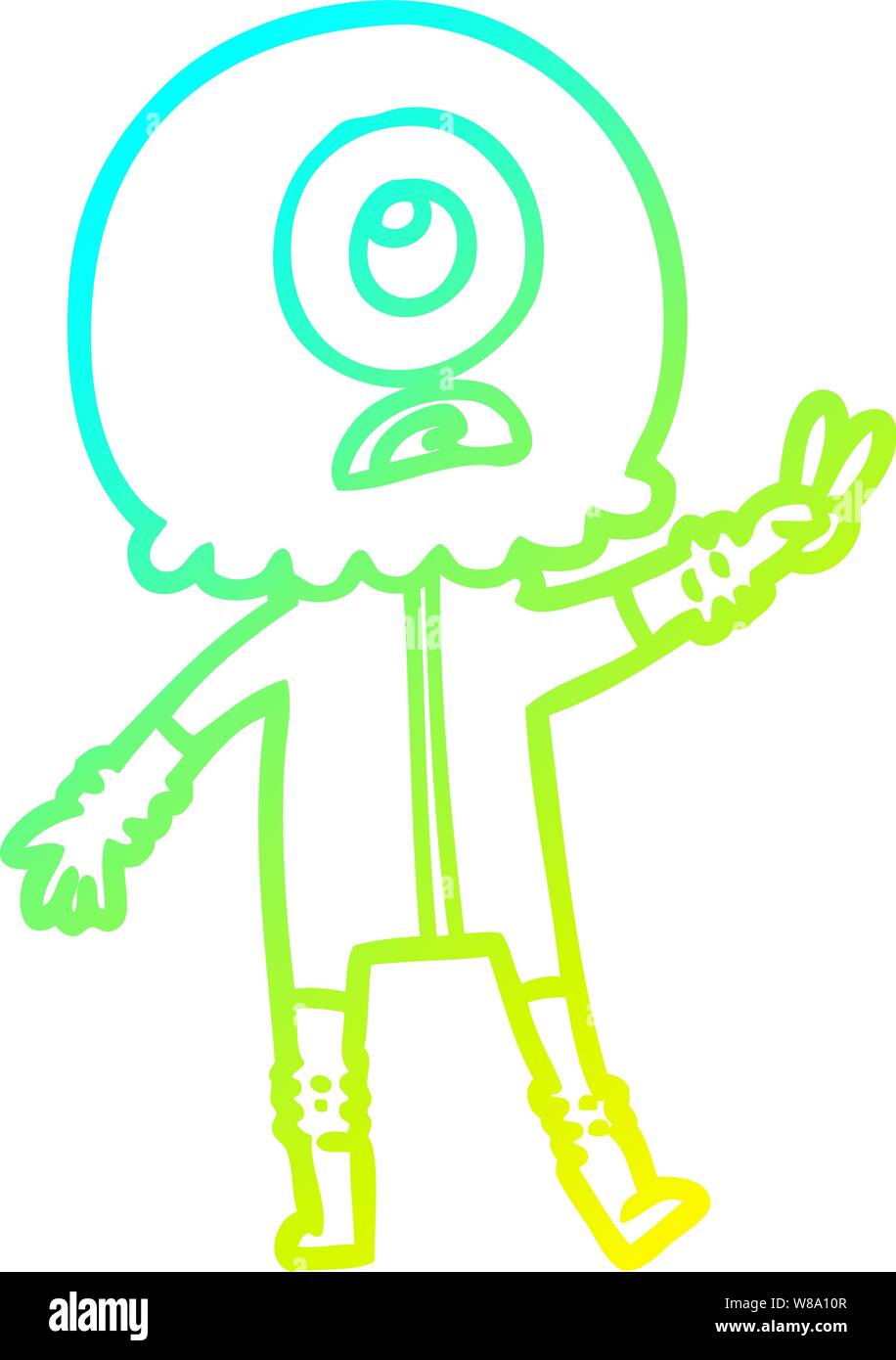 cold gradient line drawing of a cartoon cyclops alien spaceman giving ...