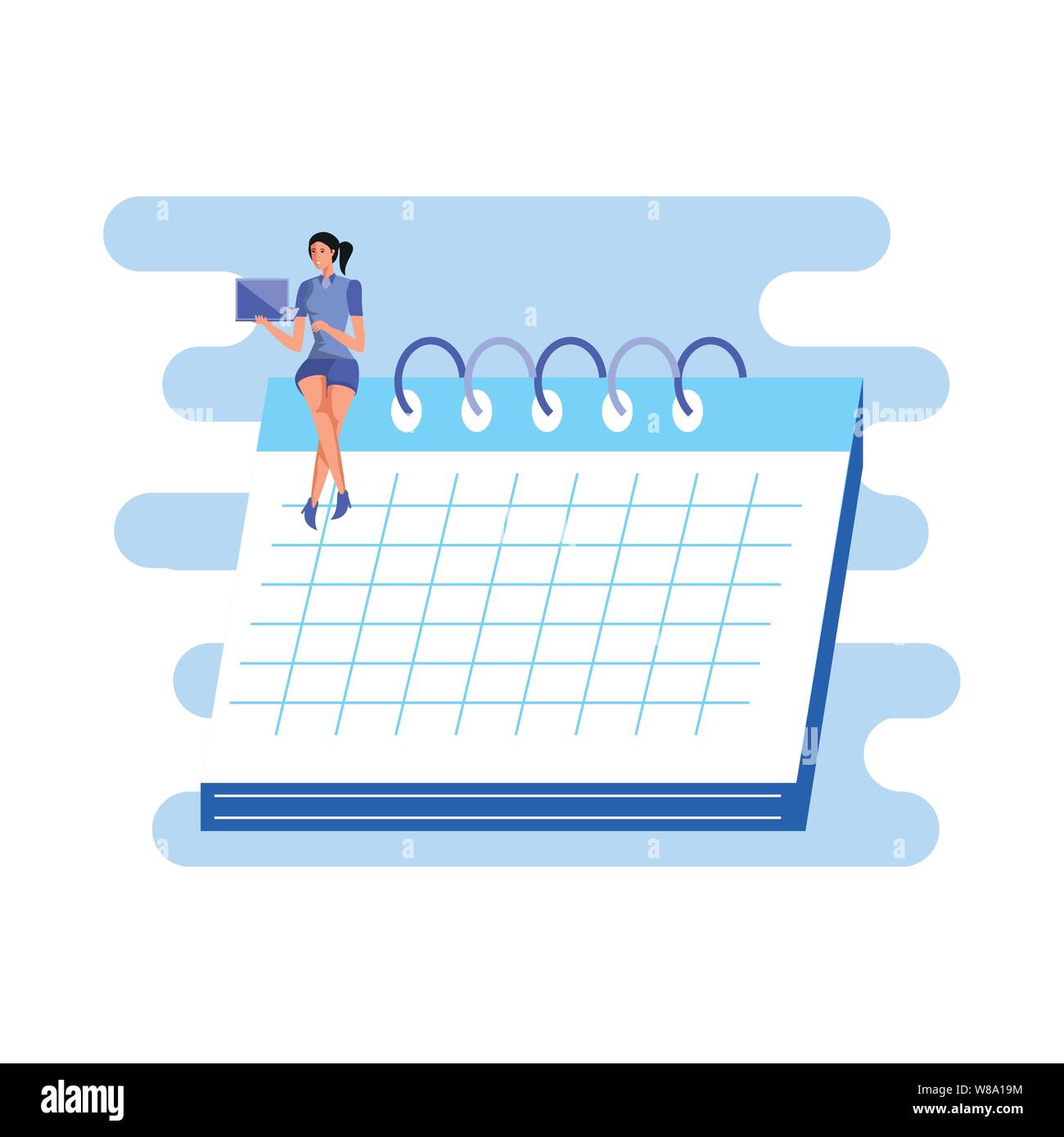 business woman sitting in calendar with laptop vector illustration ...