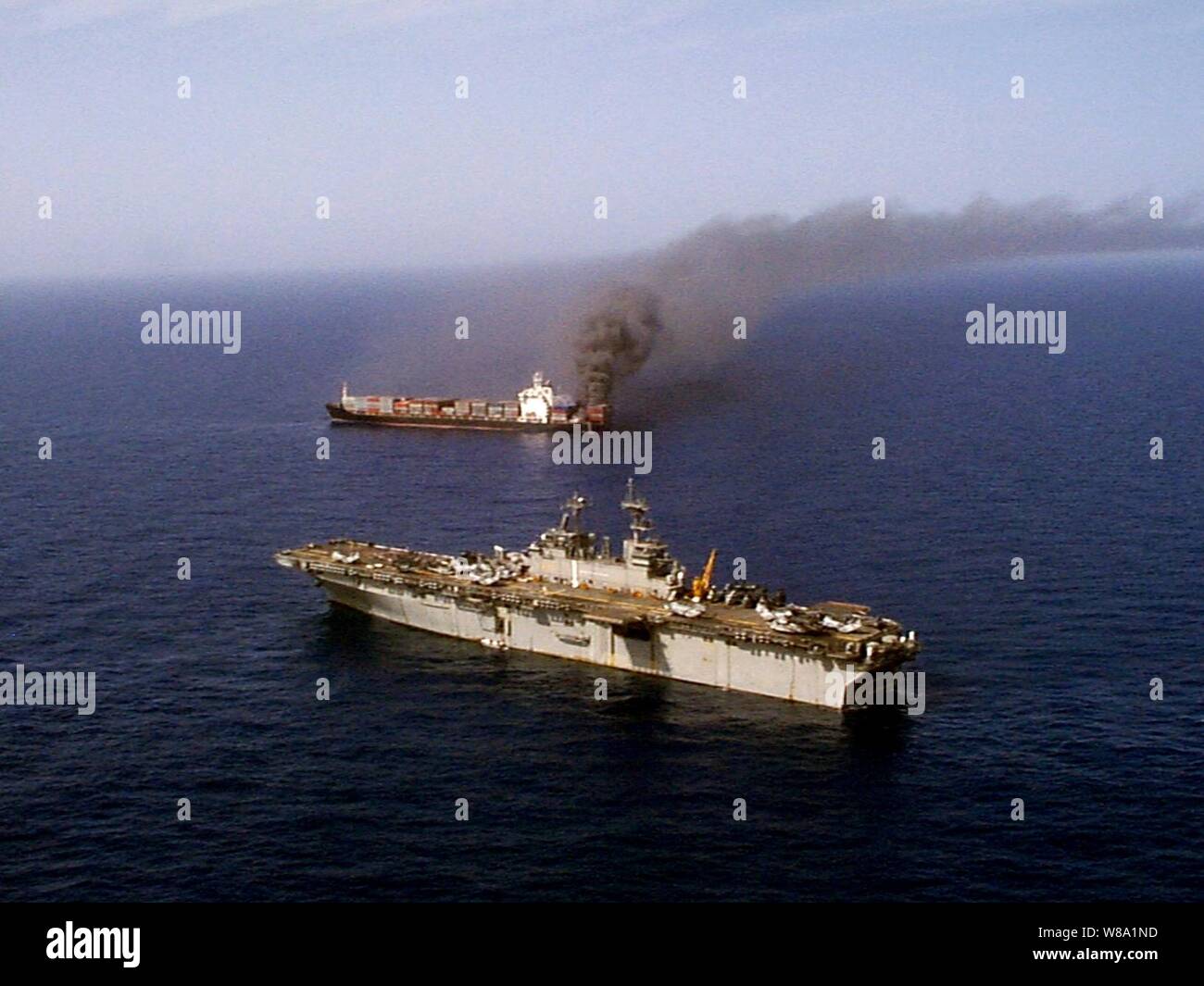 The U.S. Navy amphibious assault ship USS Wasp (LHD 1) comes to the aid ...