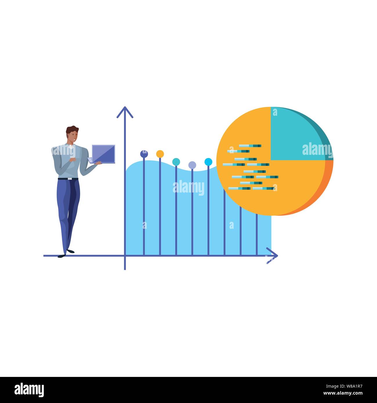 business man with laptop and statistics graphics vector illustration ...