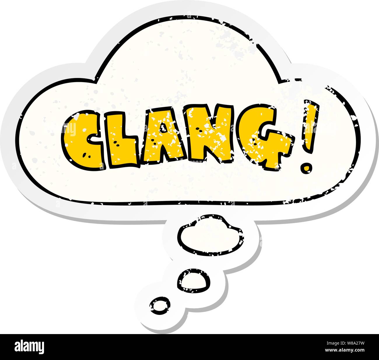 cartoon word clang with thought bubble as a distressed worn sticker ...