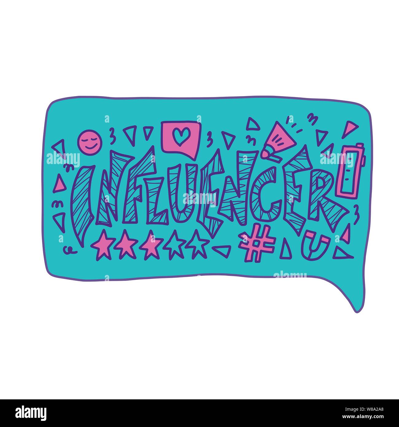 Influencer word with speech bubble. Hand drawn lettering with ...