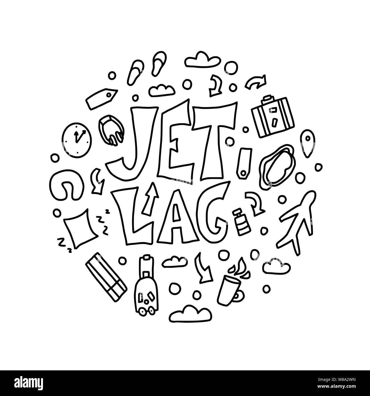 Set of round badges of jet lag. Collection of jetlag in doodle style ...