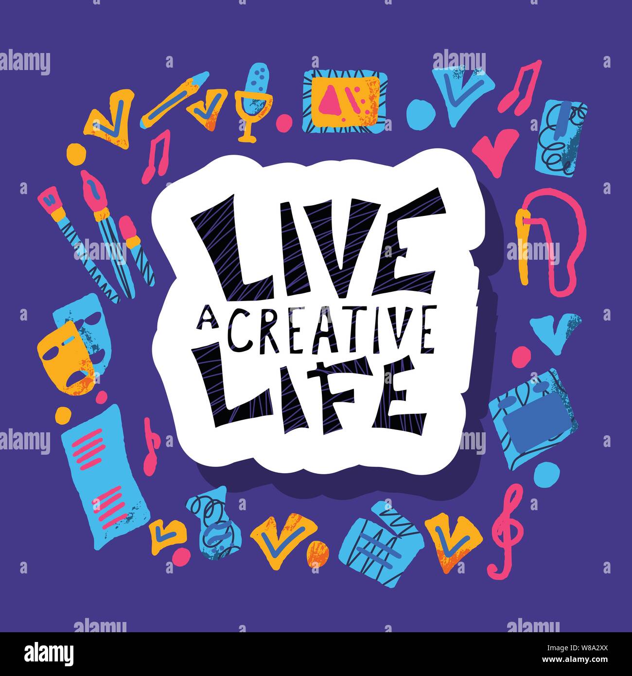 Live a creative life sticker with art symbols. Hand drawn stylized ...