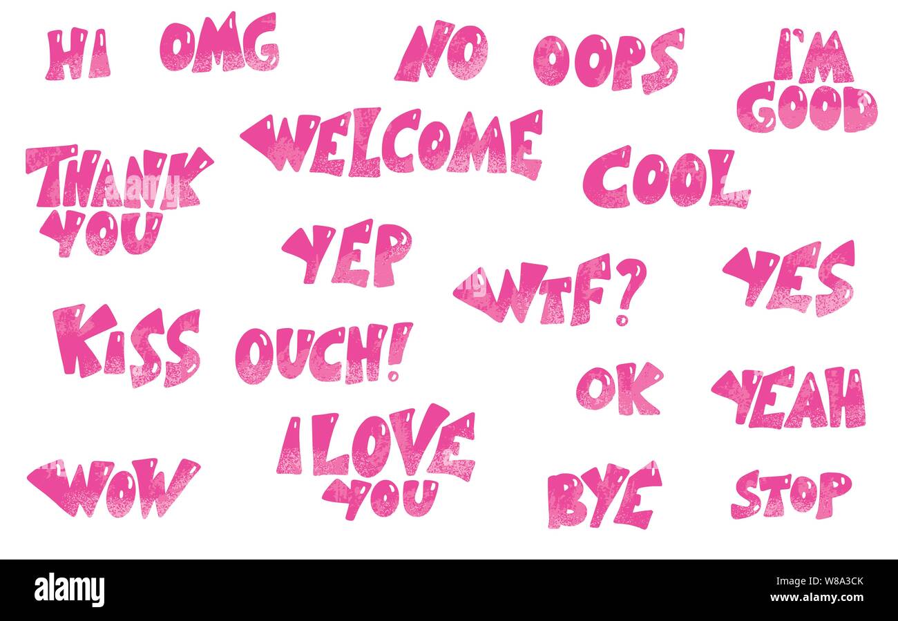 Set Of Expressions Ok Yep Wow Omg Welcome Cool I Love You Bye no Stop Phrases Hand set-of-expressions-ok-yep-wow-omg-welcome-cool-i-love-you-bye-no-stop-phrases-hand