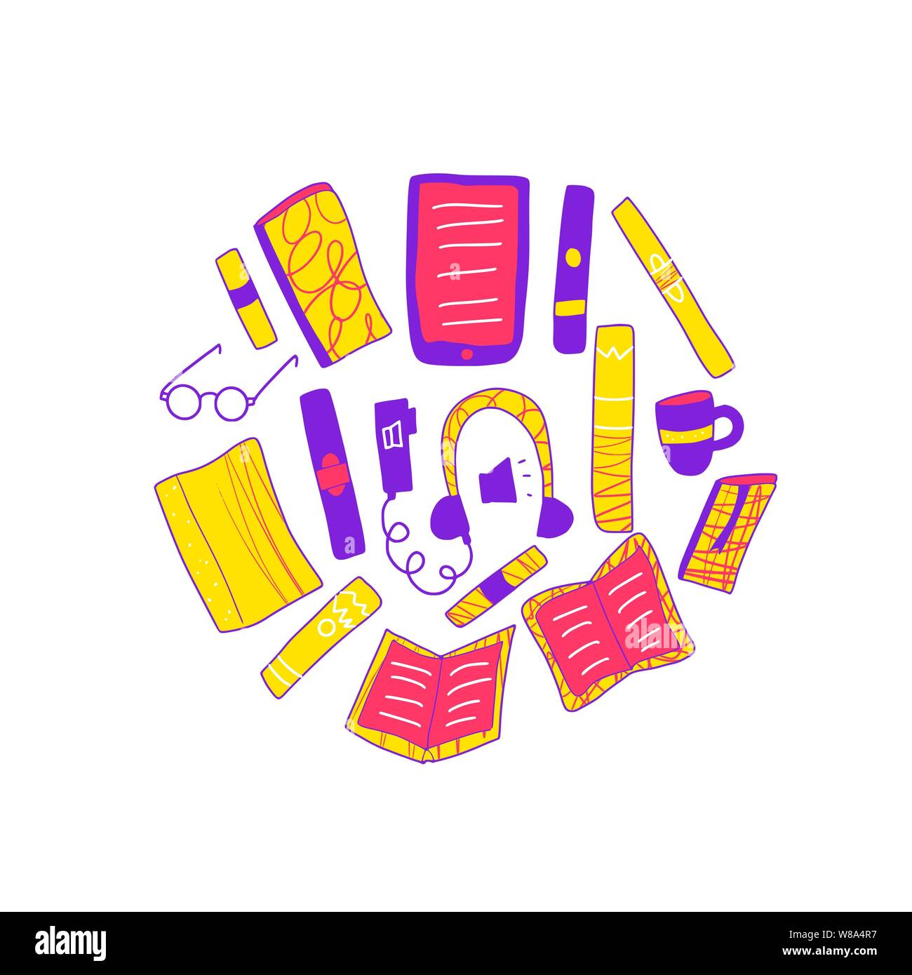 Round badge of book set in doodle style. Symbols of reading isolated on ...