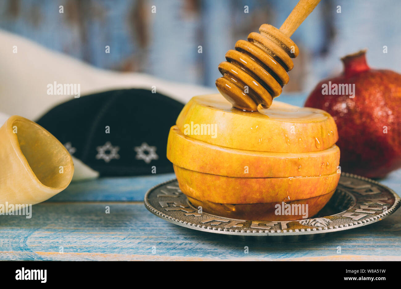 Honey, apple and pomegranate for traditional holiday symbols rosh ...