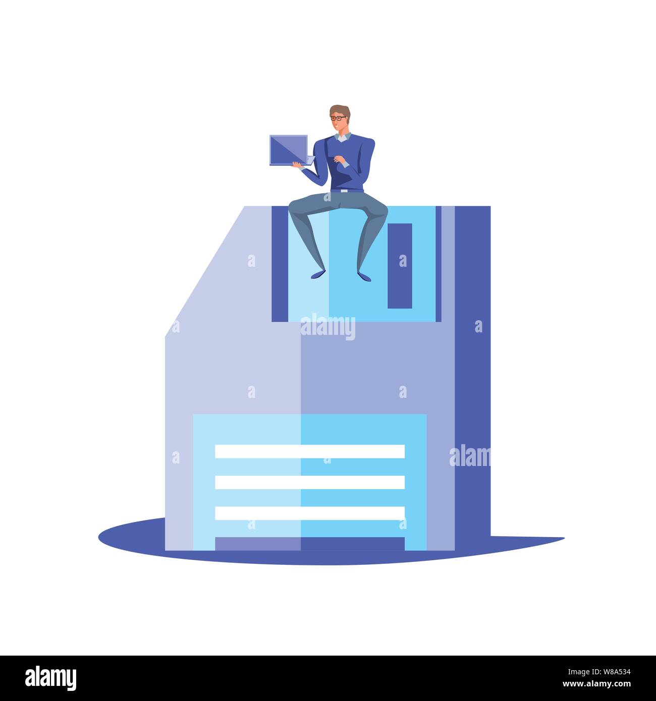 business man sitting in floppy disk with laptop vector illustration ...