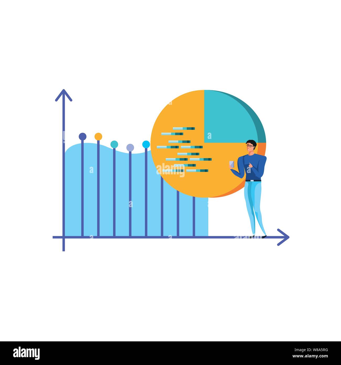 business man using smartphone and statistics graphics vector ...