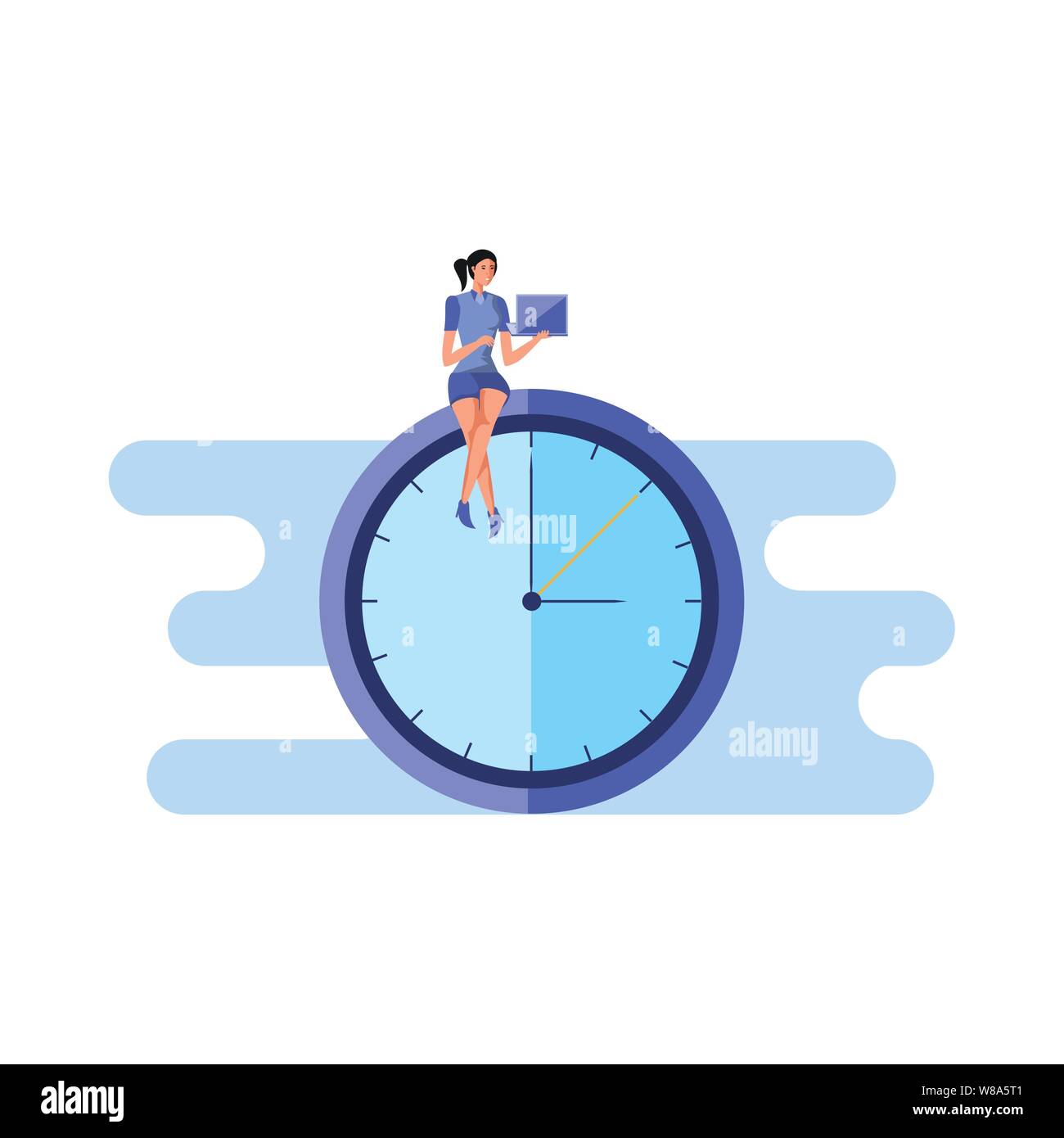 business woman sitting in time clock with laptop vector illustration ...