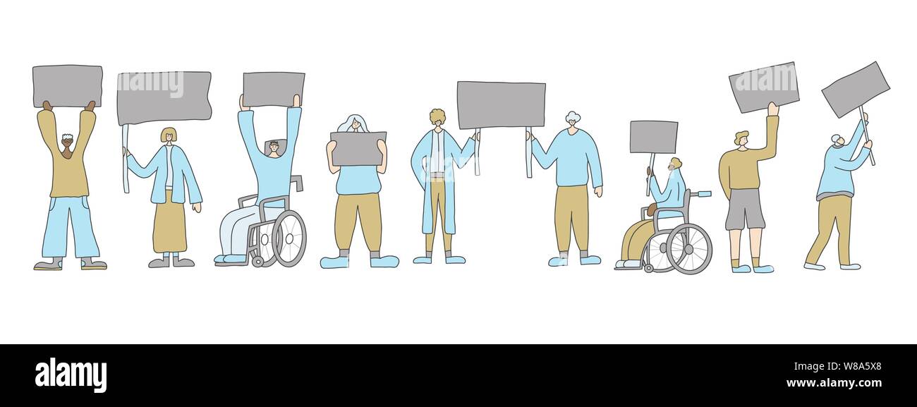 Protesting people standing together with sign boards. Young persons ...