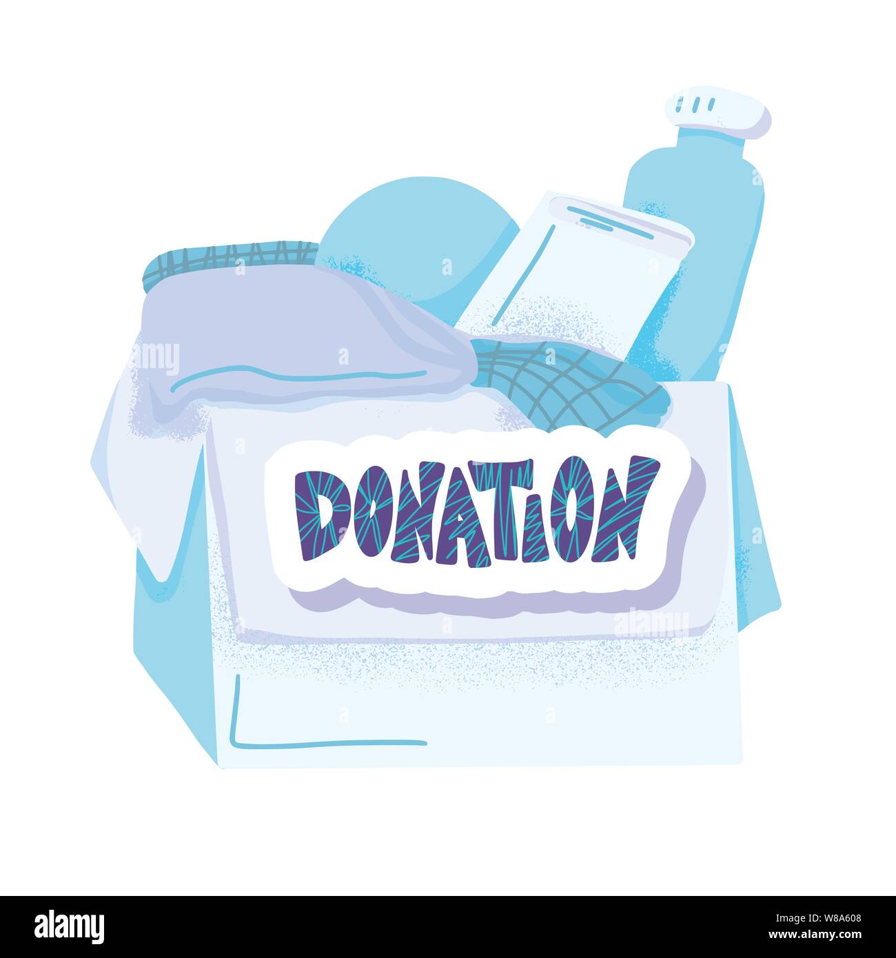 Donation concept. Box with stuff and text. Donate things with lettering ...