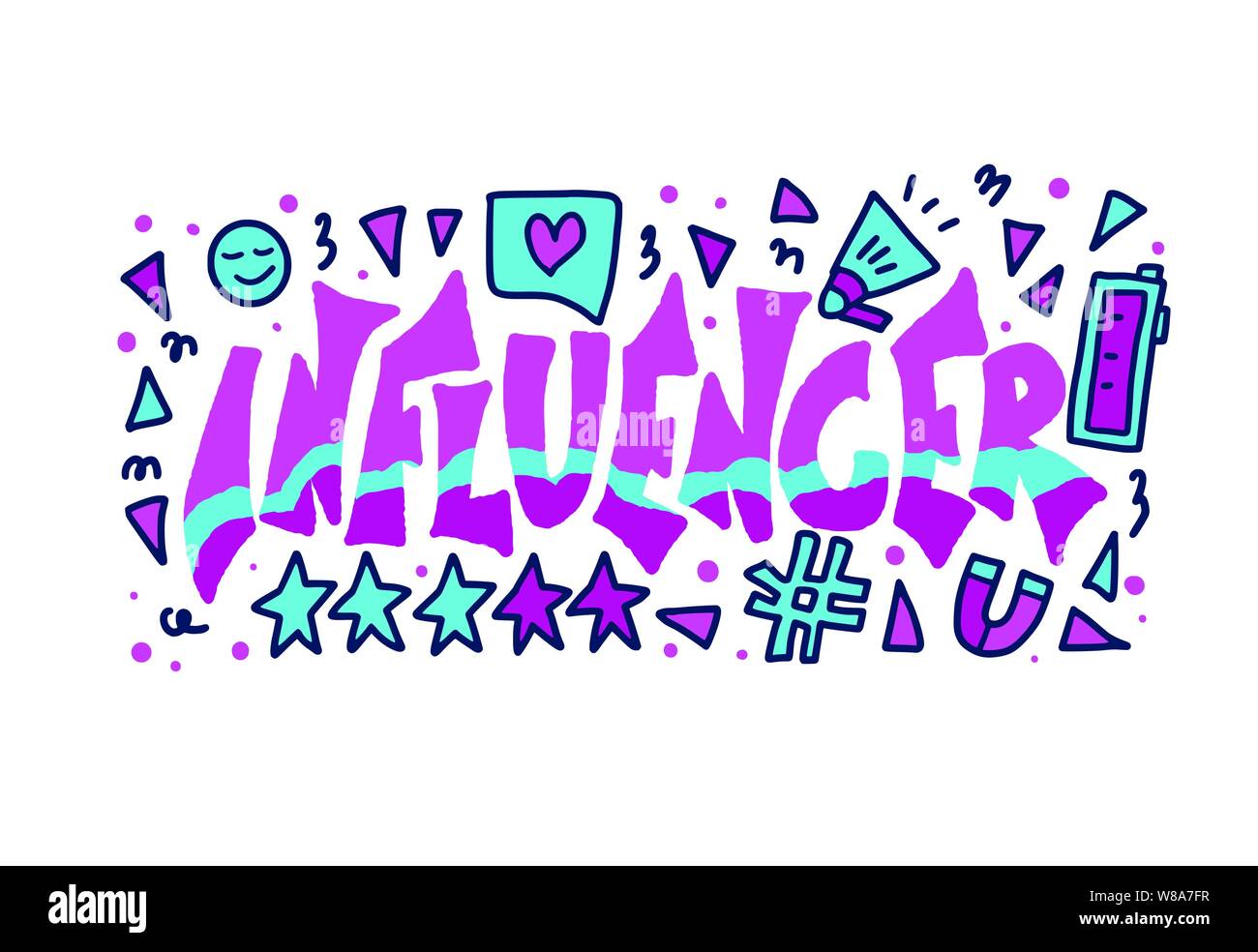 Influencer hand drawn word. Lettering with social media decoration ...