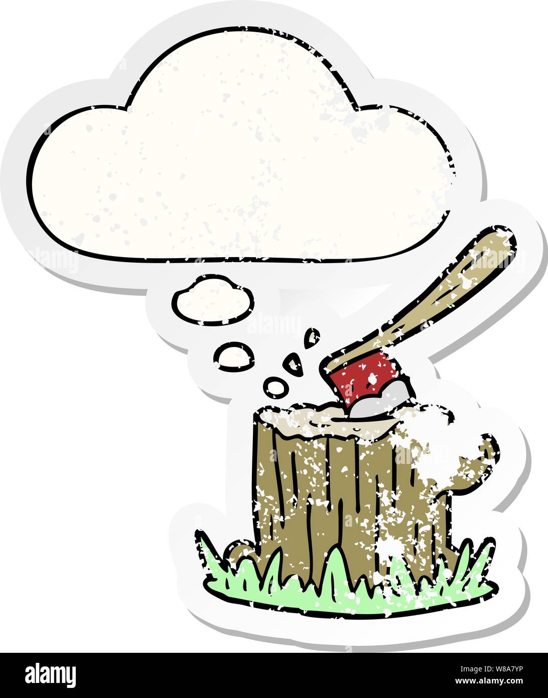 cartoon axe in tree stump with thought bubble as a distressed worn ...