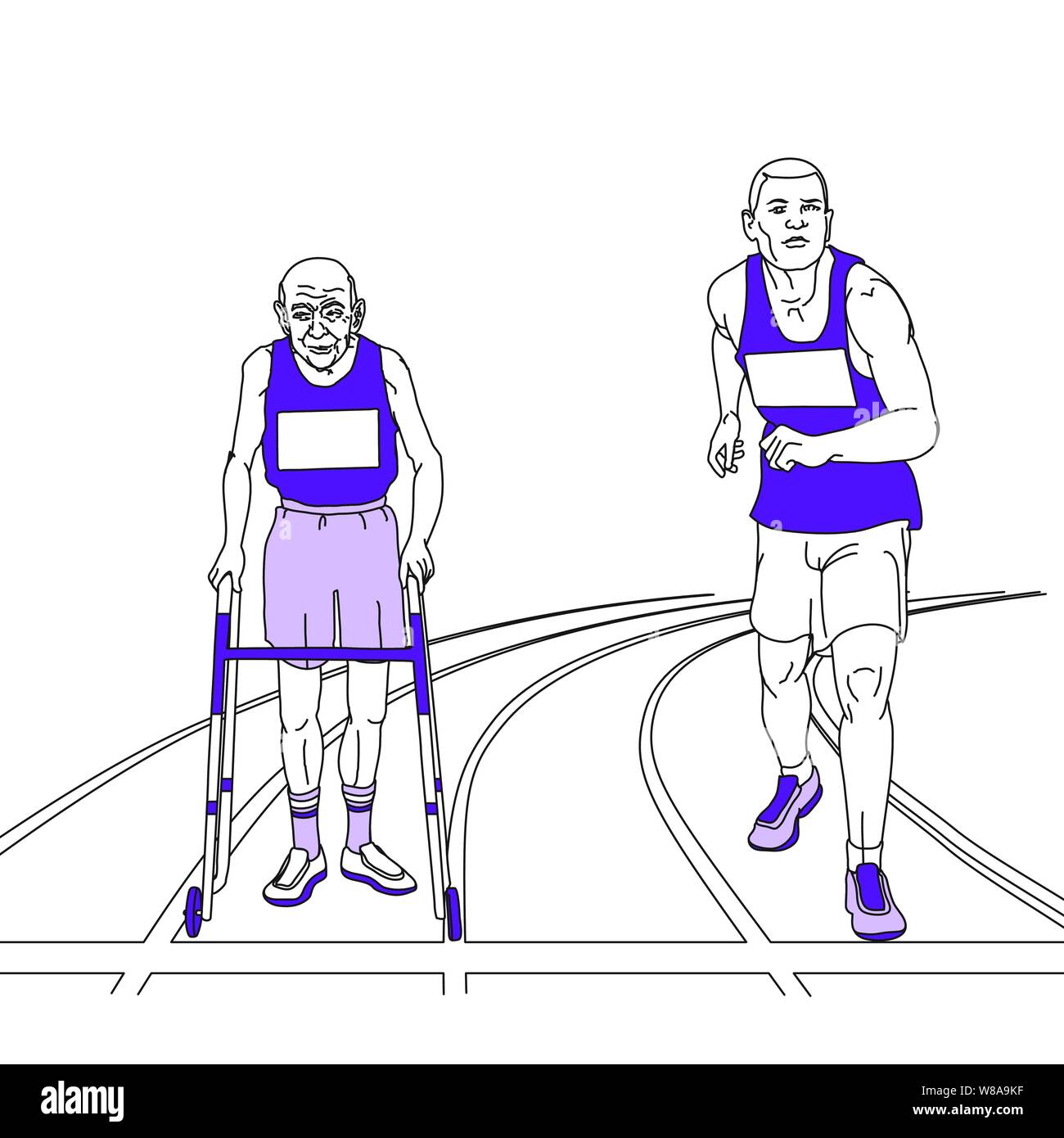 Track & field race between a heathy young man & an elderly bald man ...