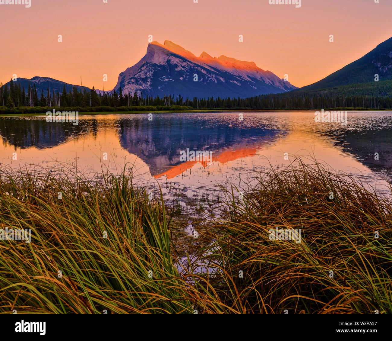 Alpine glow on Rundle Mountain at Vermillion Lakes in Banff National ...