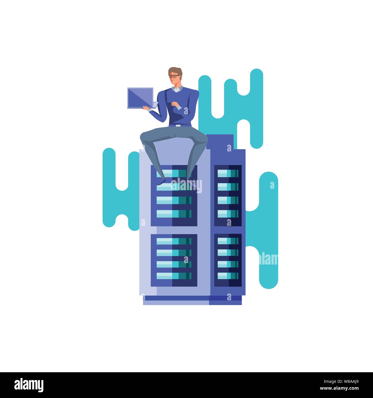 business man sitting in data center server with laptop vector ...